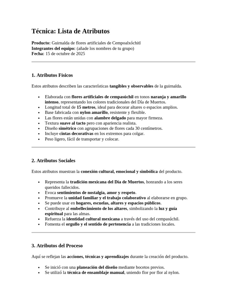 Proyecto Grupal Técnica Lista de Atributos de Un Producto | PDF ...