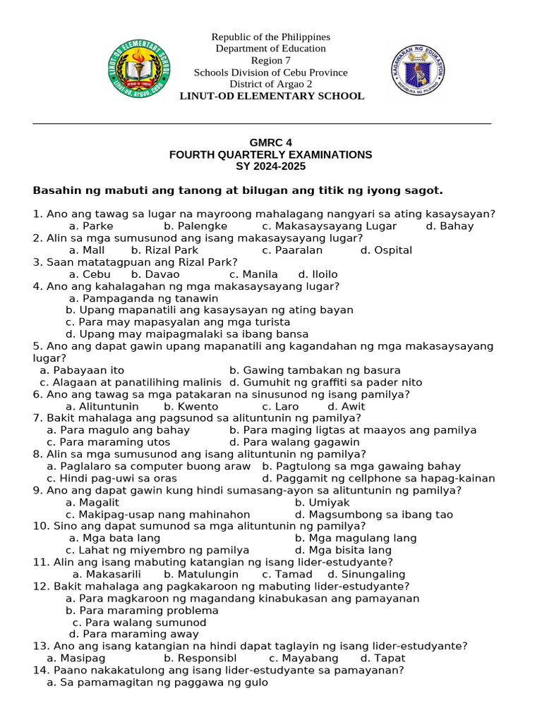 Periodical Test q4 GMRC 4 Matatag | PDF