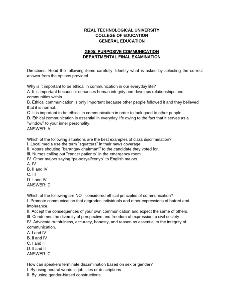 Final Exam: Purposive Communication | PDF | Communication | Public Speaking