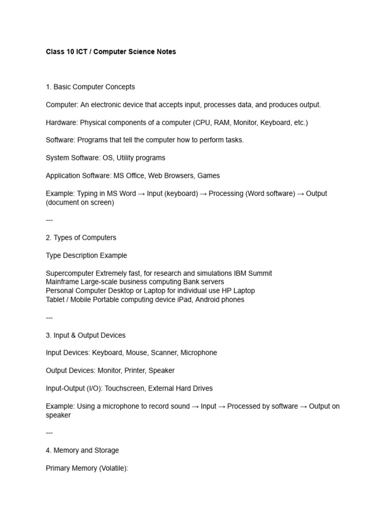 Class 10 ICT - Computer Science Notes | PDF | Computer Data Storage ...