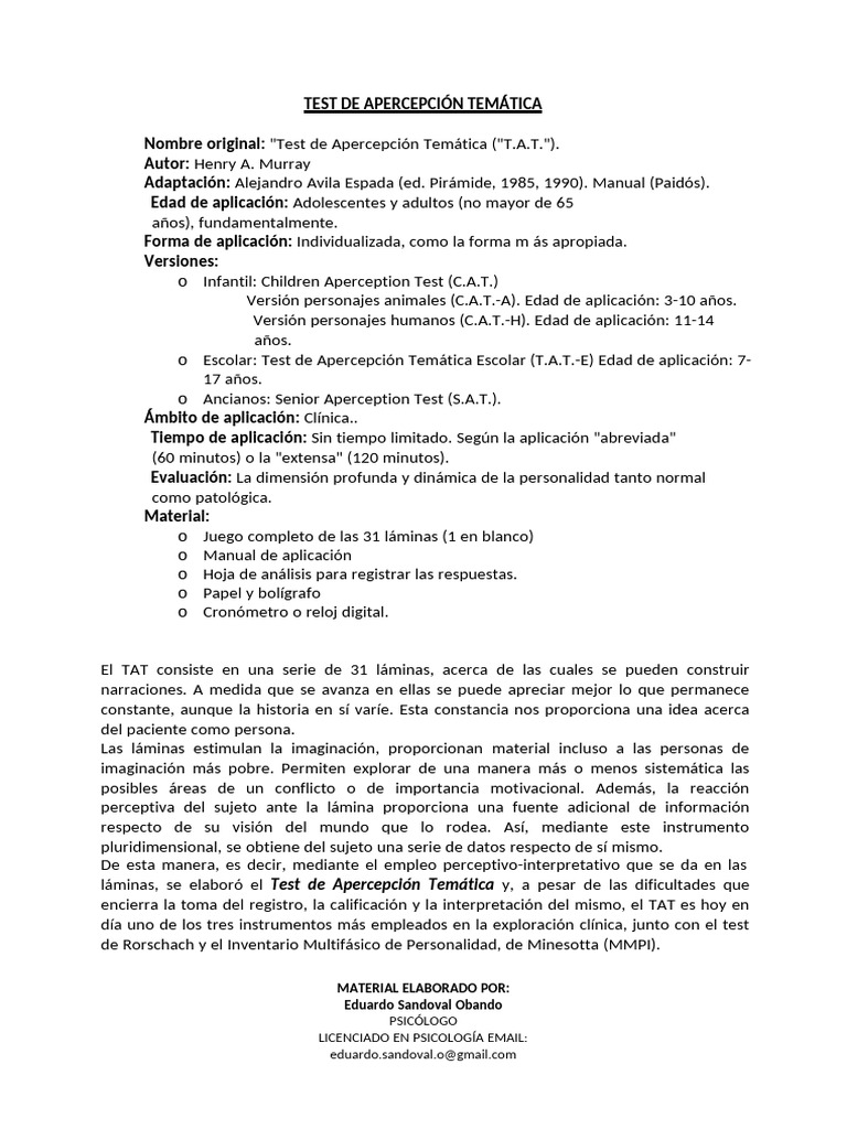 Test de Apercepción Temática: Guía Completa | PDF | Mujer | Agresión