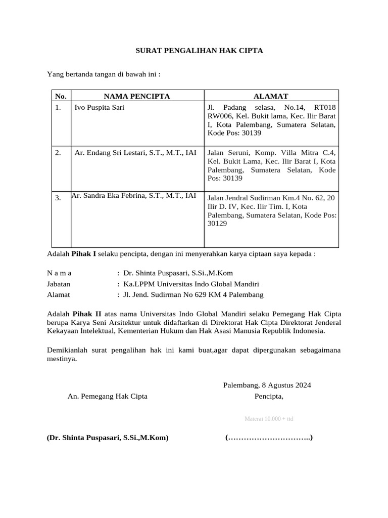 Surat Pengalihan Hak Cipta Karya Arsitektur | PDF