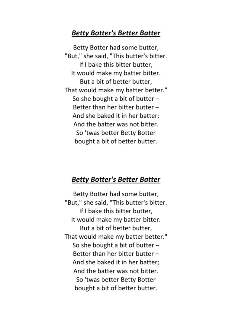Betty Botter's Better Butter Poem | PDF