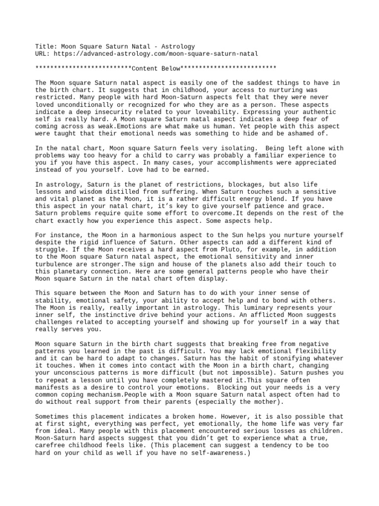 Moon Square Saturn Natal - Astrology | PDF | Horoscope | Planets In ...