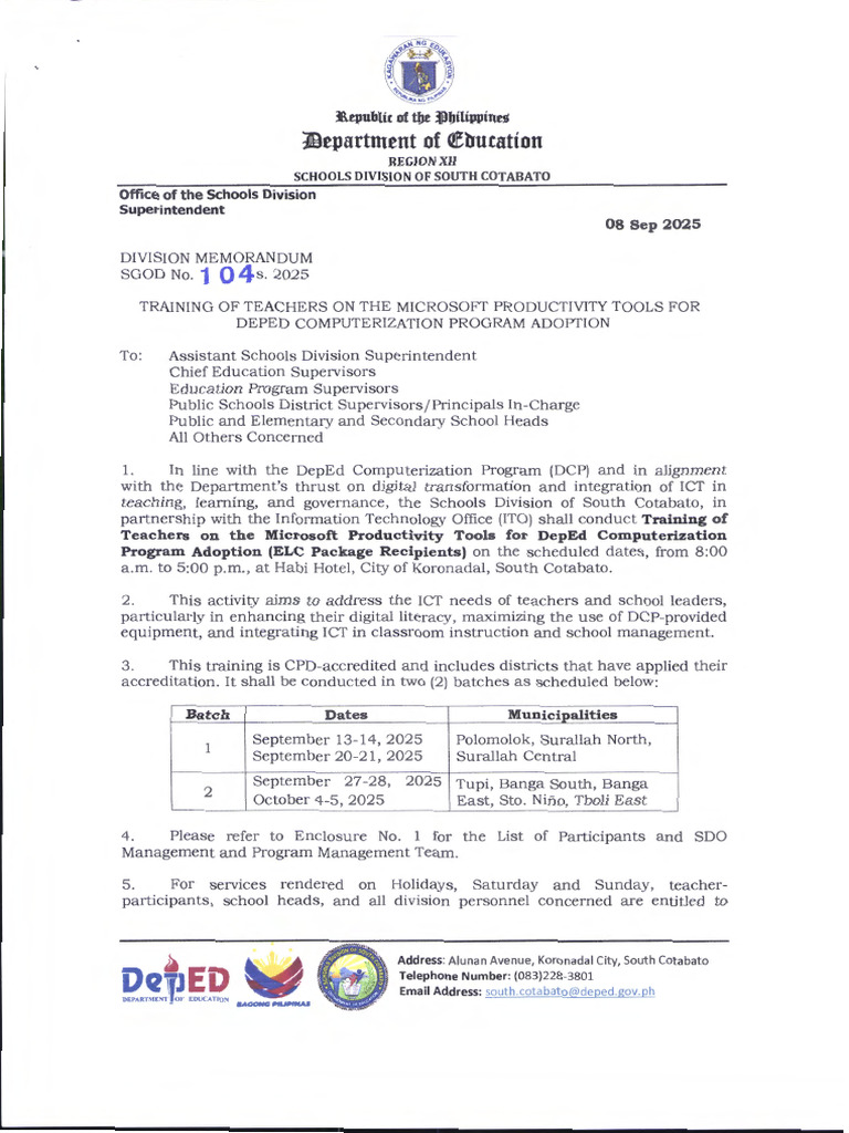 Dm Sgod No. 104, s. 2025-Training of Teachers on the Microsoft Productivity Tools for Deped ...