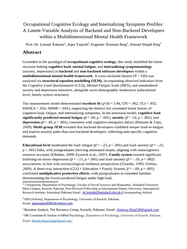 Cognitive Load and Mental Health in Developers | PDF | Structural ...
