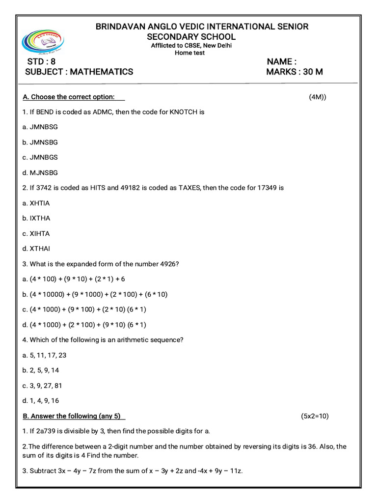 Class 8 Mathematics Home Test | PDF | Numbers | Discrete Mathematics