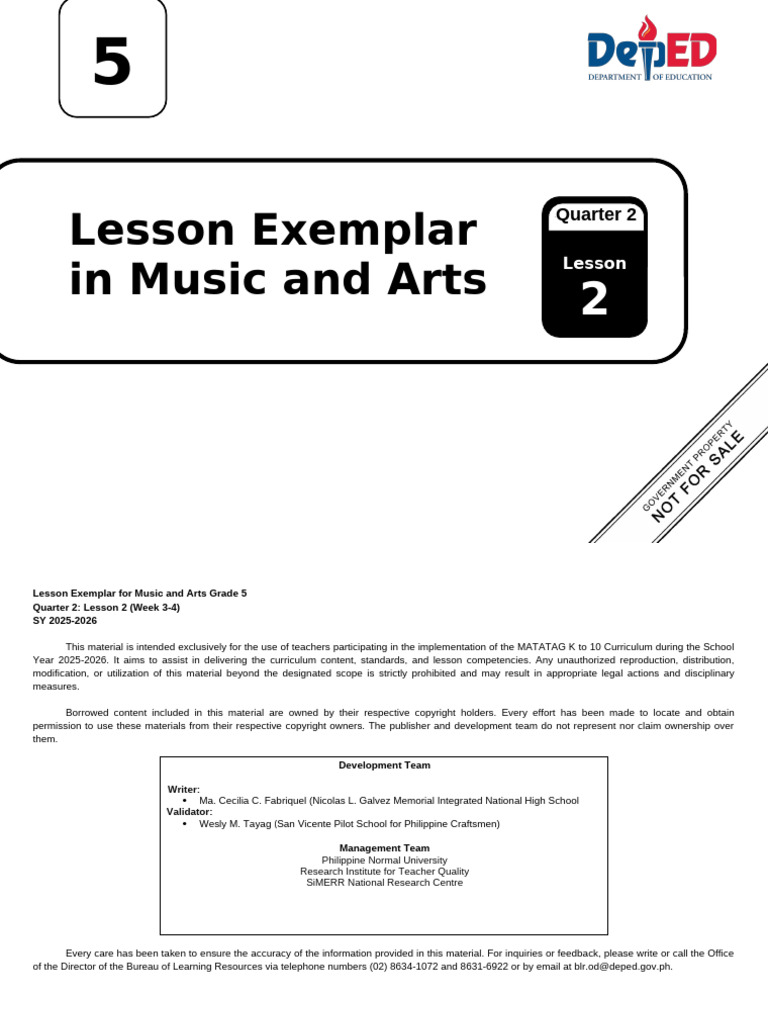 Grade 5 Music and Arts Lesson Plan | PDF | Teachers | Textiles