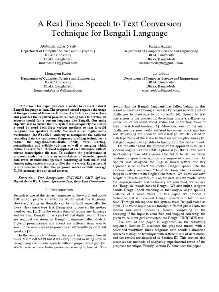 A Real Time Speech To Text Conversion Technique For Bengali Language ...