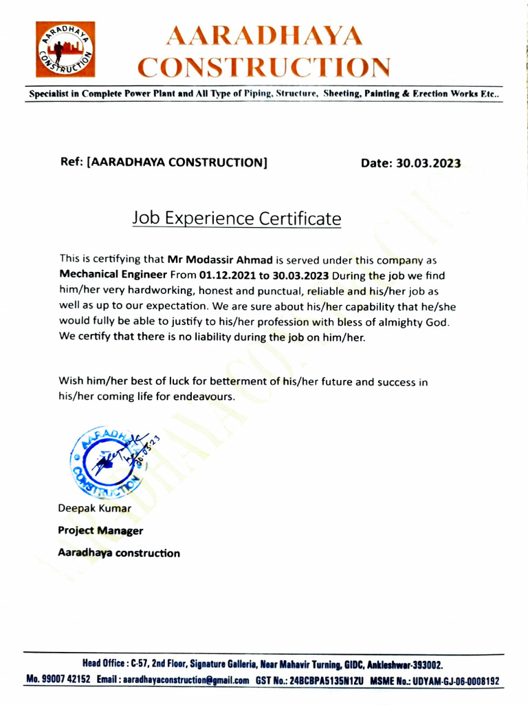 Job Experience Certificate for Engineer | PDF