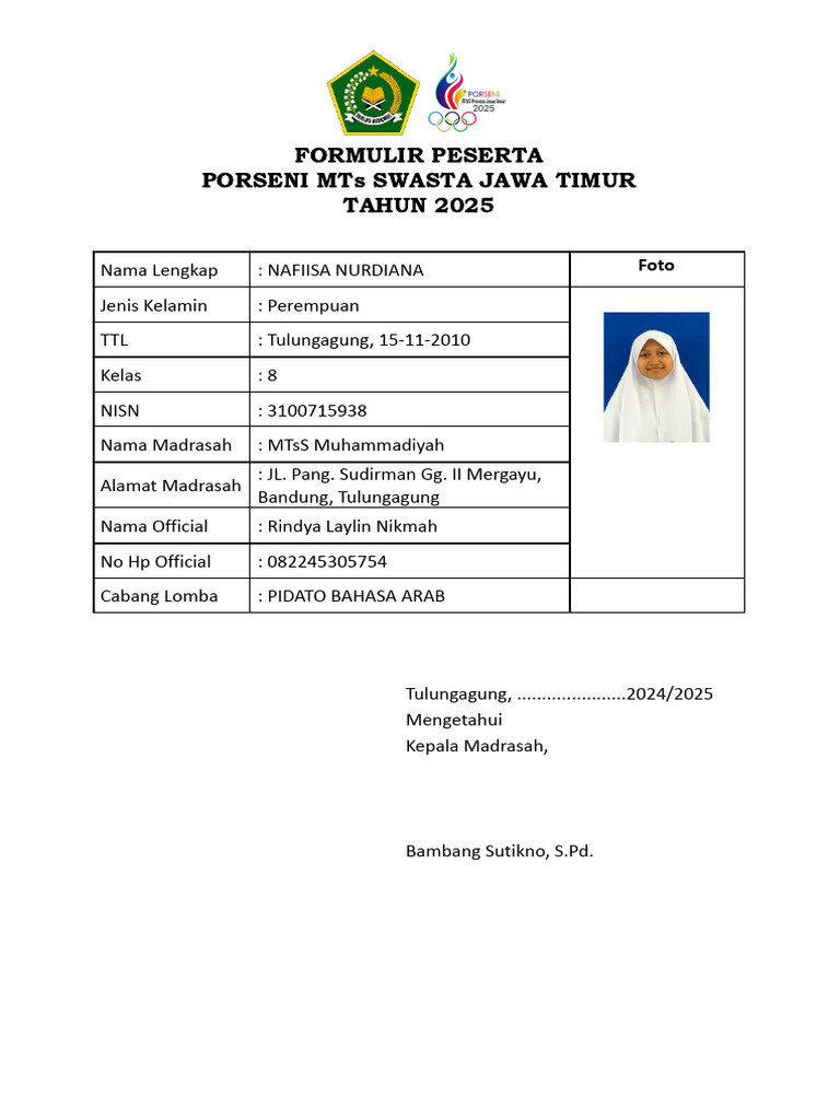 Formulir Peserta PORSENI 2025 MTs Jawa Timur | PDF
