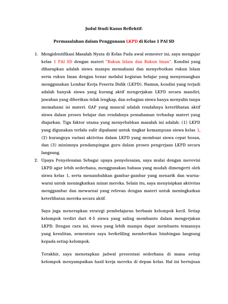 Studi Kasus Reflektif Pai Kelas 1 Sd | PDF