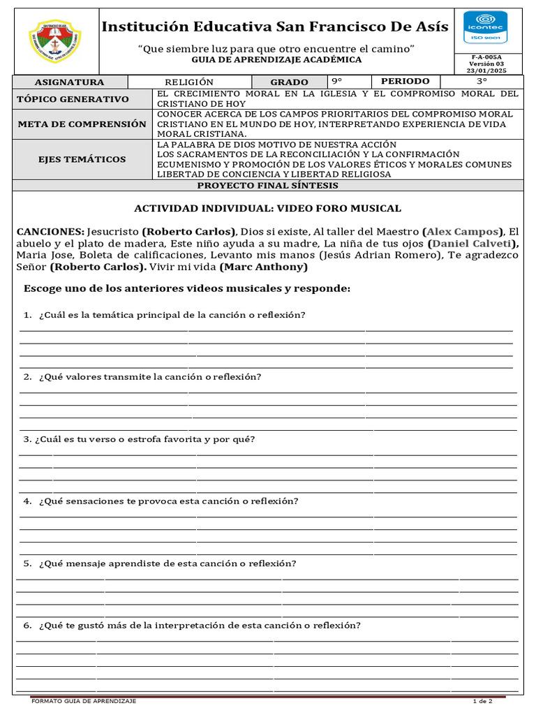 Guia 15 Periodo 3 Video Foro Musical 9º | PDF | Moralidad