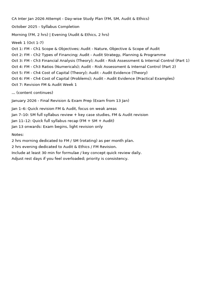CA Inter Study Plan Jan2026 | PDF