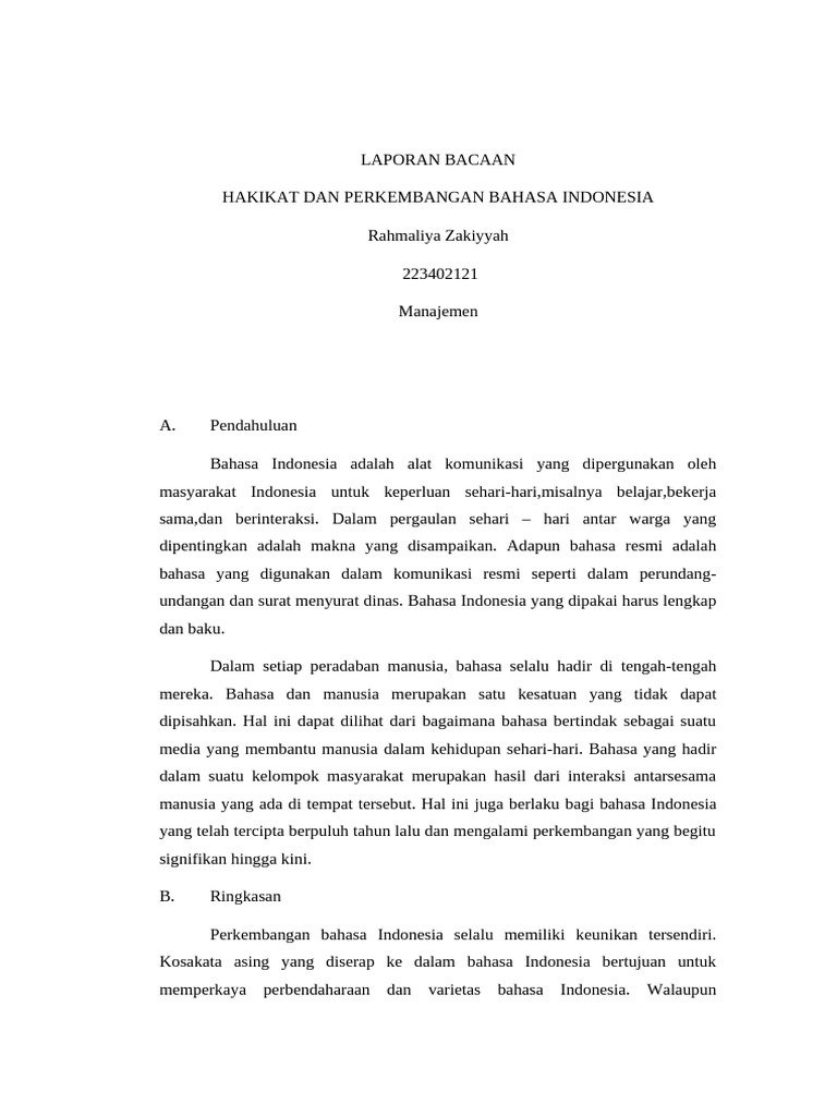 Laporan Bacaan Hakikat Dan Perkembangan Bahasa Indonesia | PDF