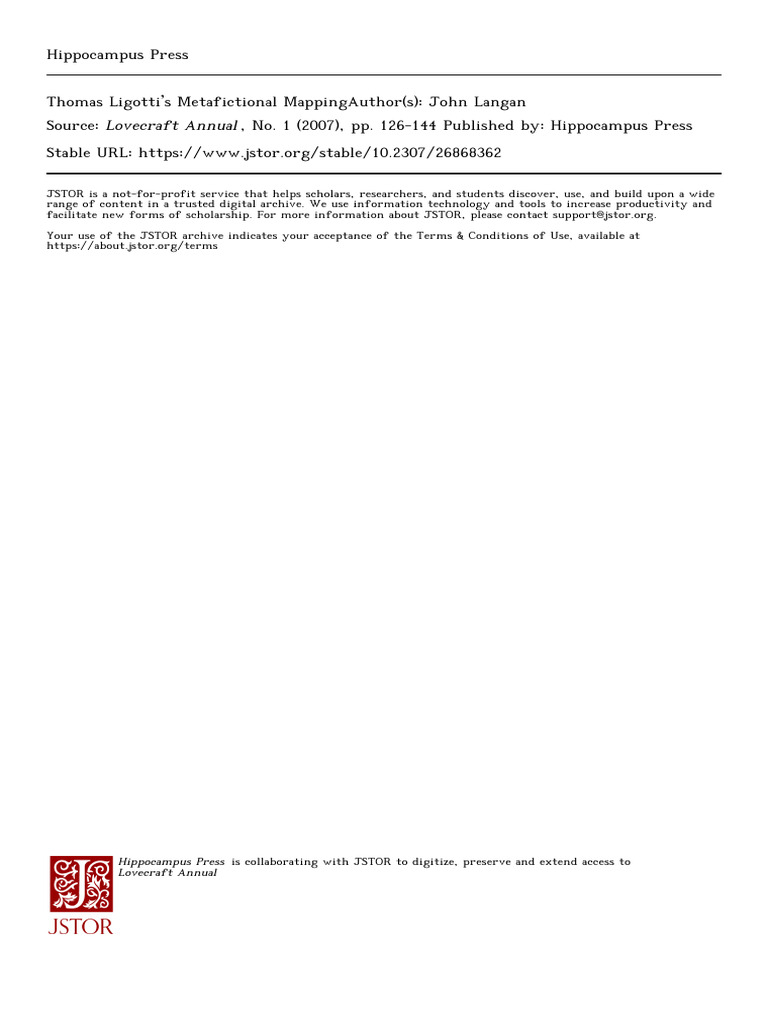 Thomas Ligotti's Metafictional Mapping | PDF | H. P. Lovecraft