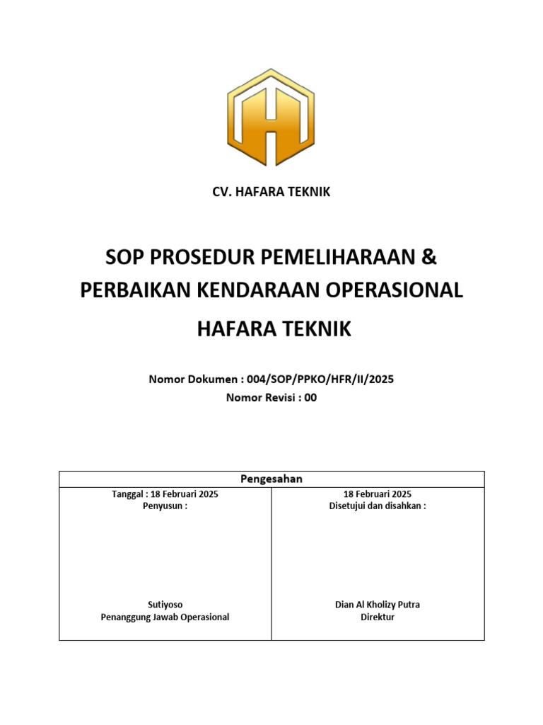 SOP_004 PEMELIHARAAN & PERBAIKAN KENDARAAN OPERASIONAL HAFARA | PDF