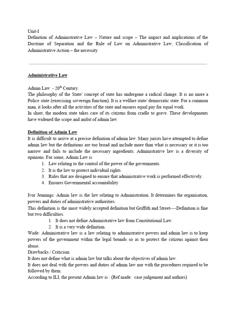 Admin Law Unit 1 | PDF | Rule Of Law | Separation Of Powers