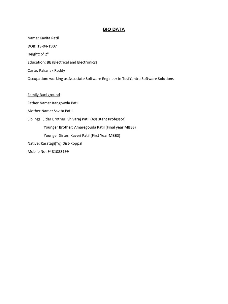 Kavita Patil - Bio Data Summary | PDF