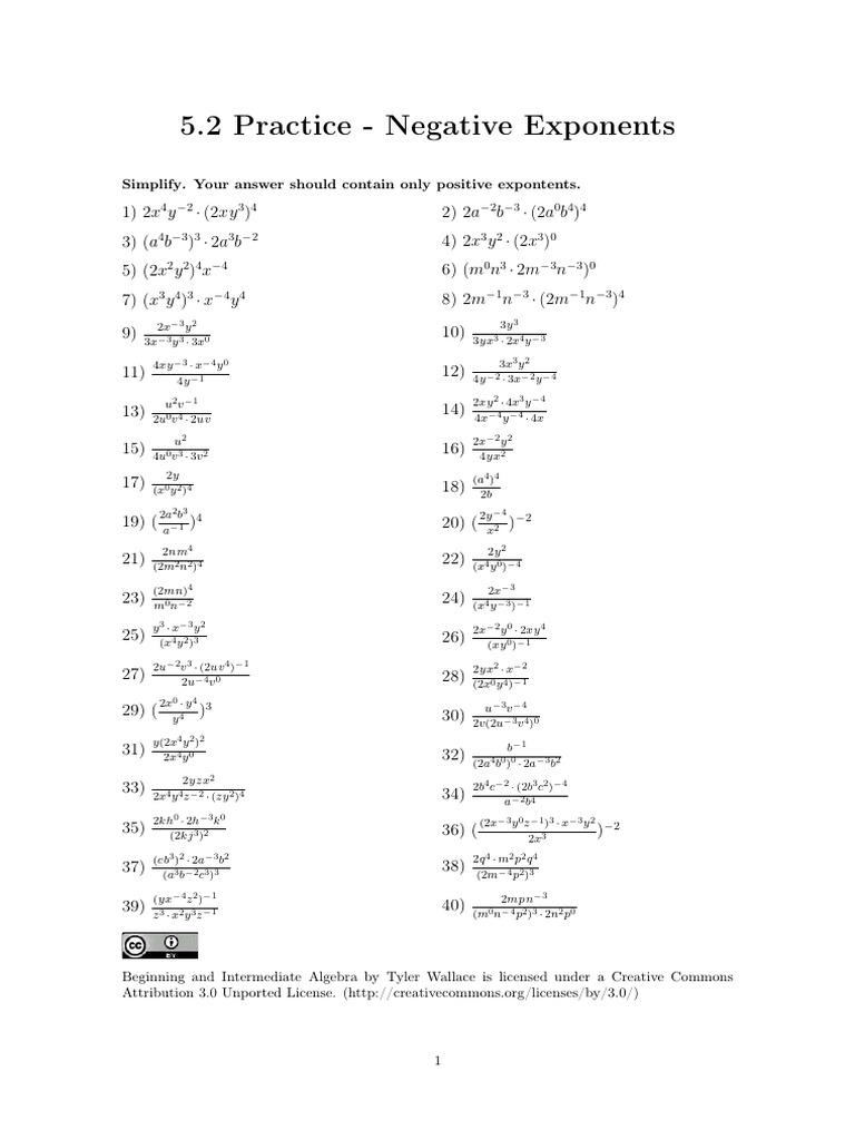 Negative Exponents Practice Worksheet | PDF