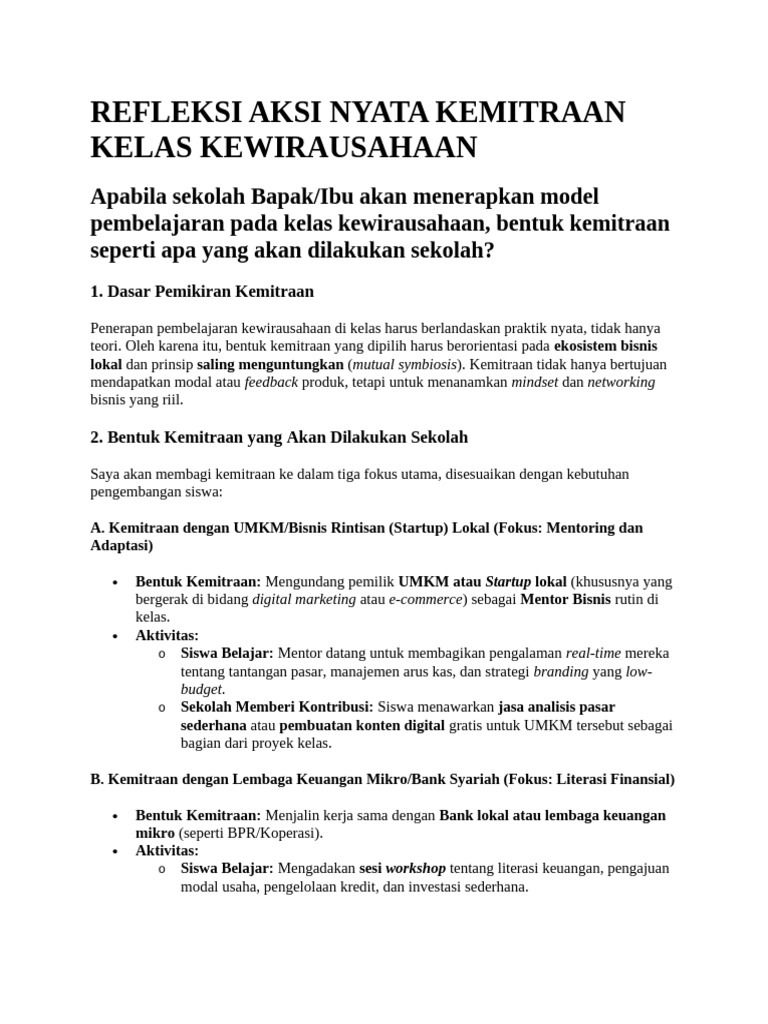 REFLEKSI AKSI NYATA KEMITRAAN KELAS KEWIRAUSAHAAN | PDF