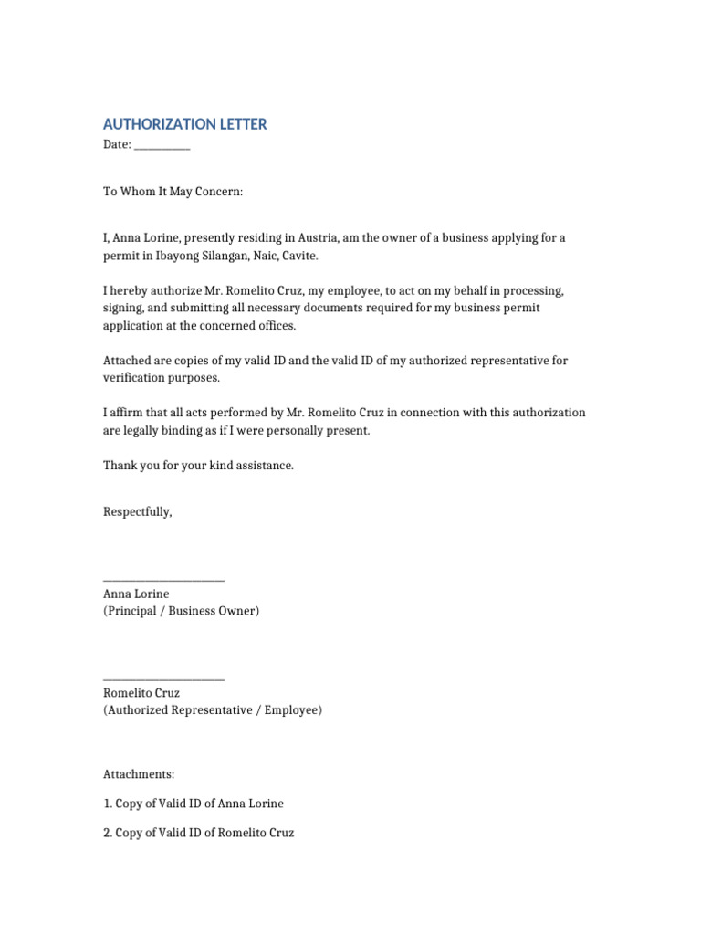 Authorization Letter Business Permit | PDF