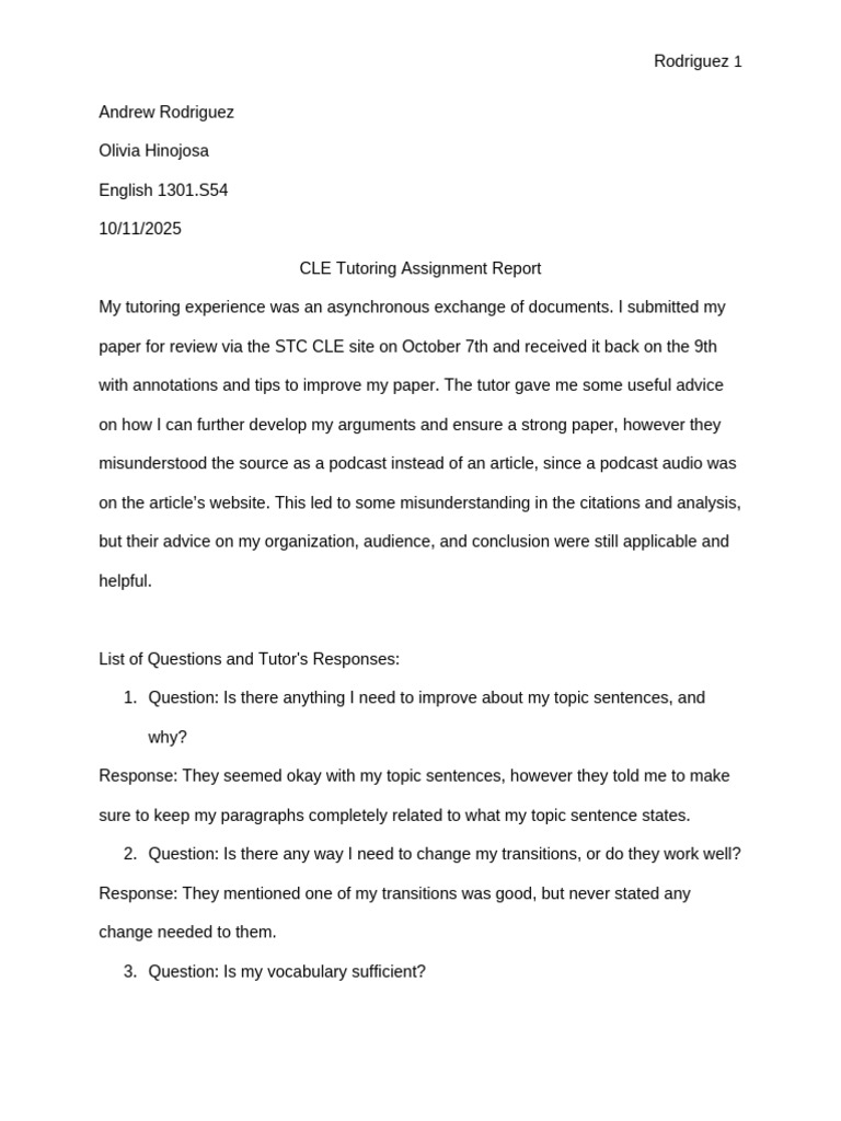 CLE Tutoring Assignment Report | PDF