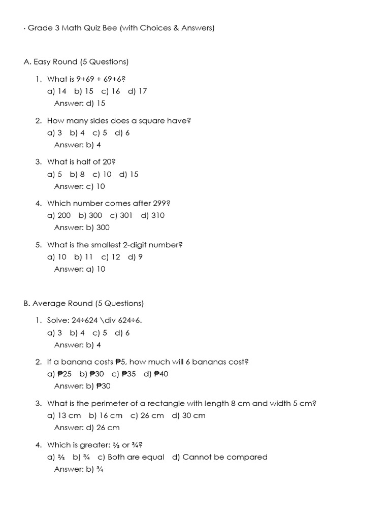 Grade 3-6 Math Quiz Bee | PDF | Length | Area