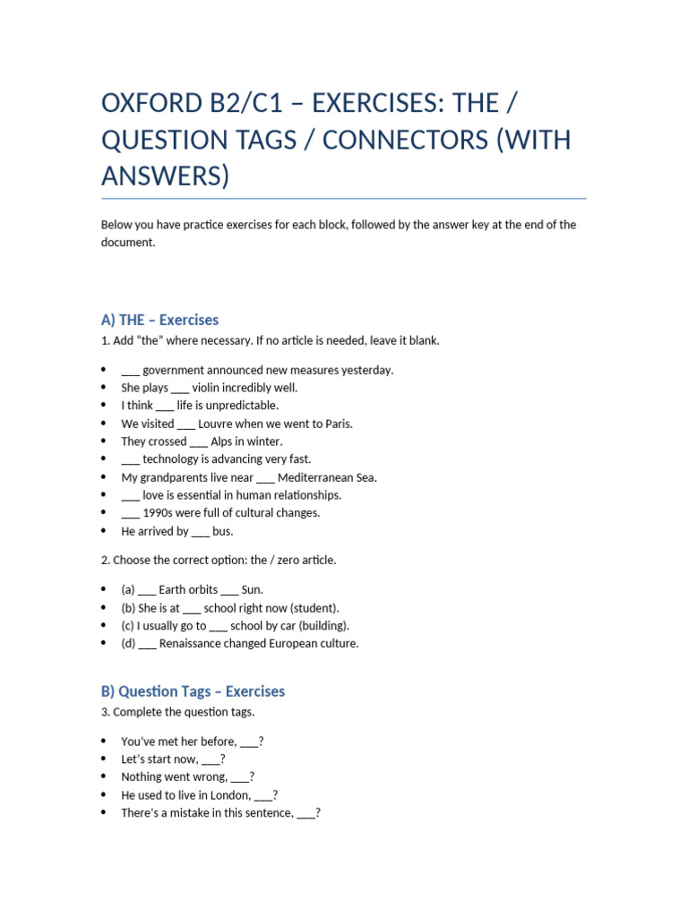 B2/C1 English Exercises: Articles, Tags, Connectors | PDF