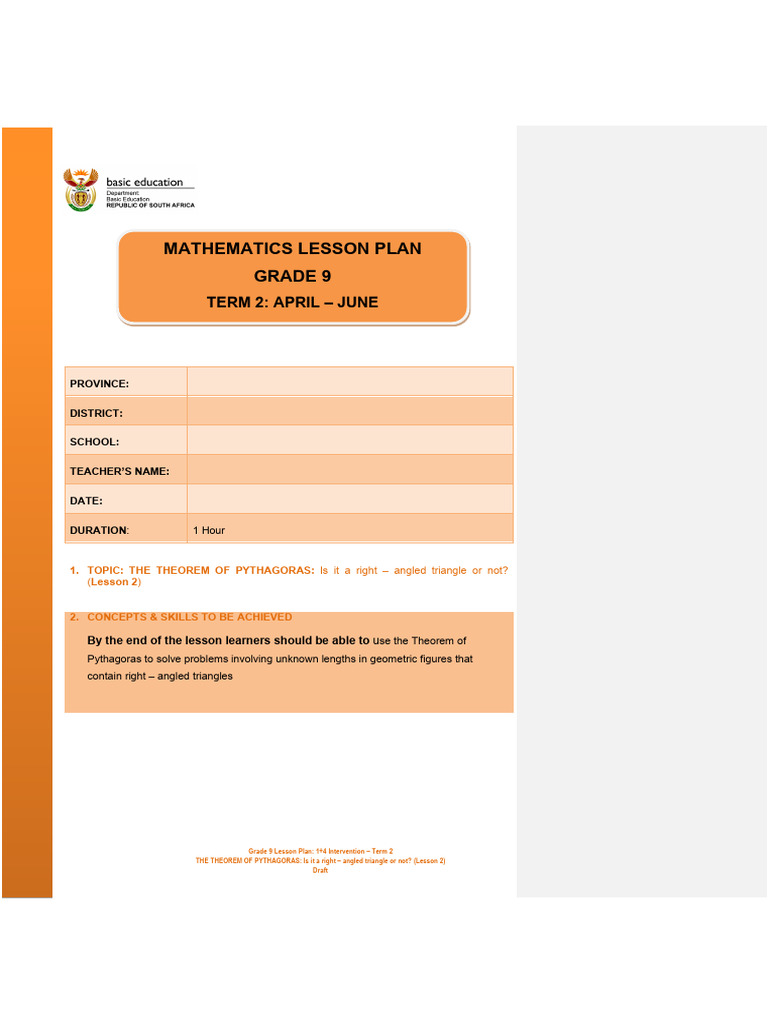 Grade 9 Pythagoras Theorem Lesson Plan | PDF | Learning