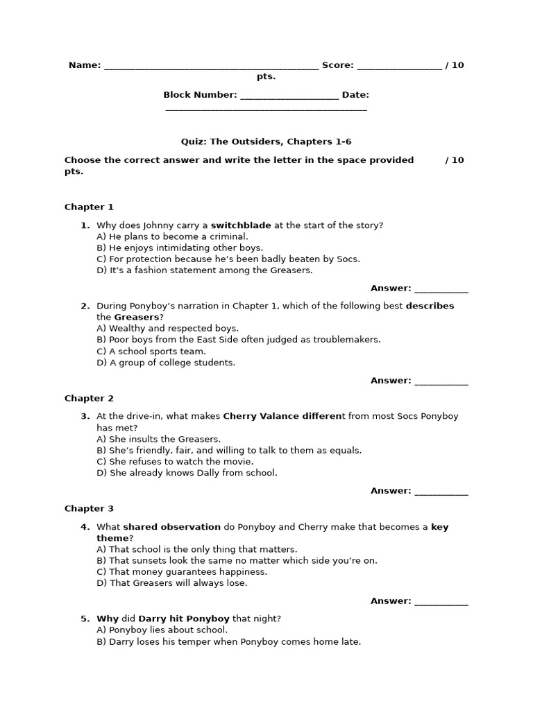 The Outsiders Chapter 1 Quiz | PDF
