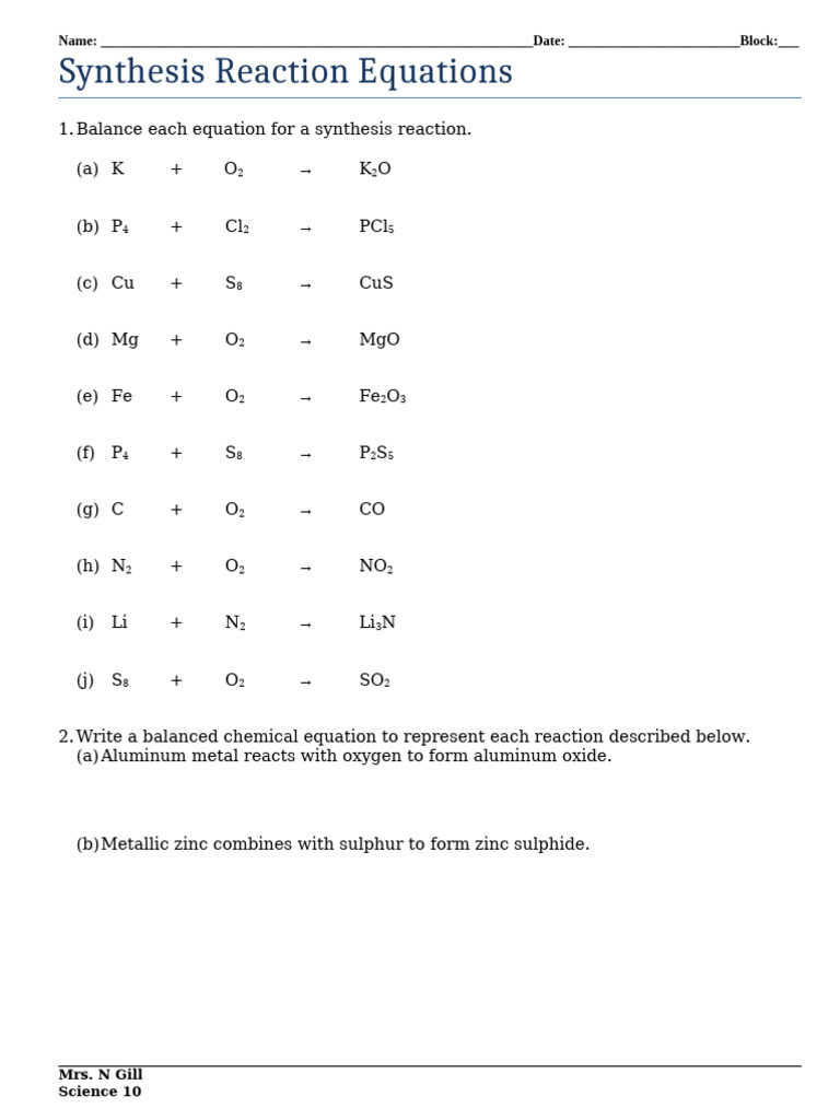 02. Synthesis Reaction Equations | PDF