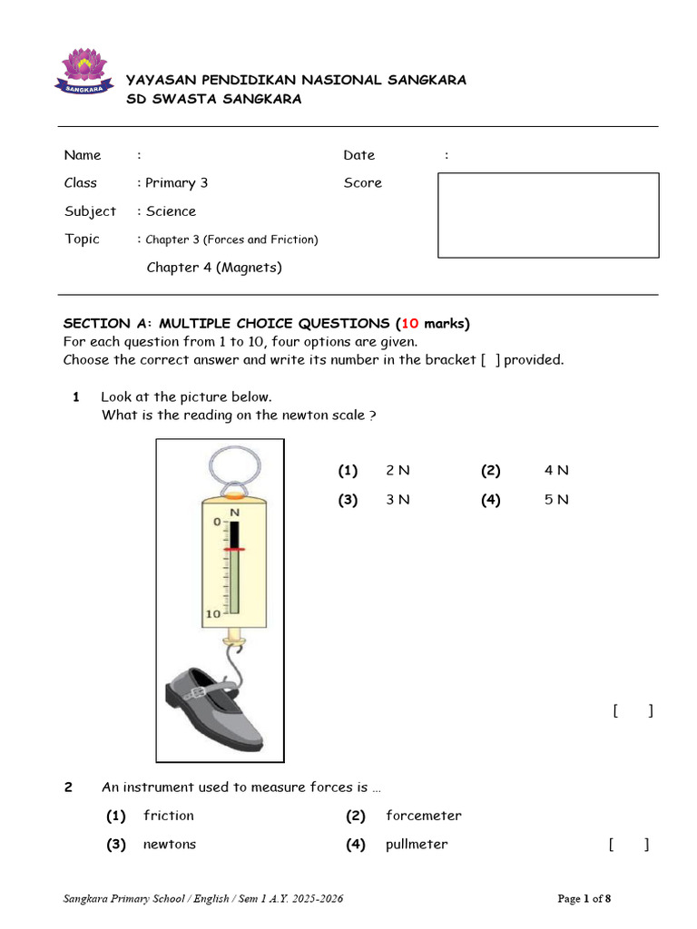 P3 Class Test Science Term 2. | PDF | Force | Magnetism
