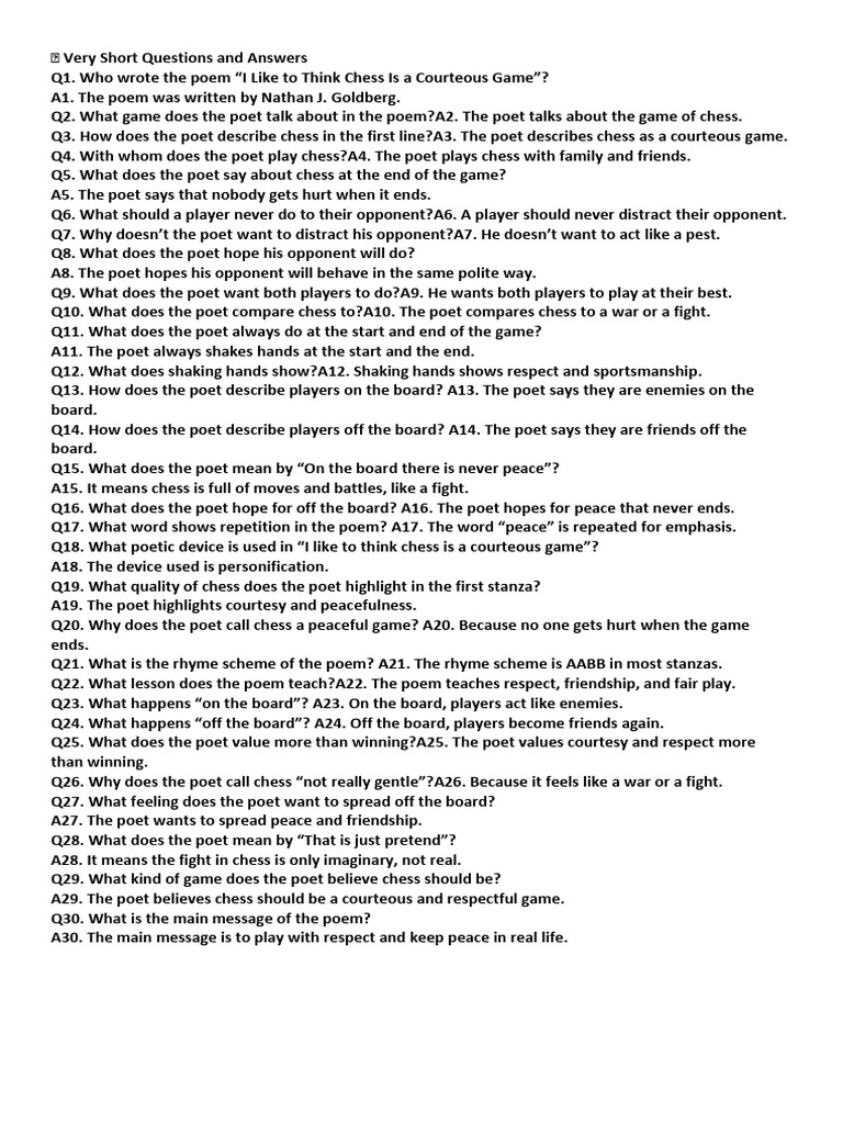 6th Poem Chess Game Question Answers | PDF | Narrative Forms | Poetic ...