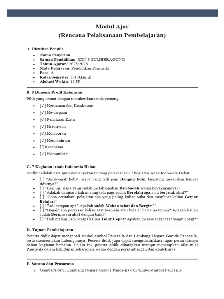 Modul Ajar Pp Kelas 1 | PDF