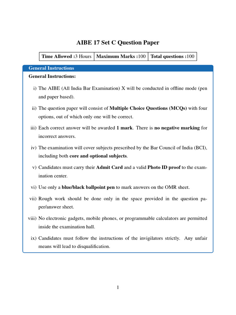 AIBE 17 Set C Exam Question Paper | PDF | Common Law | Justice