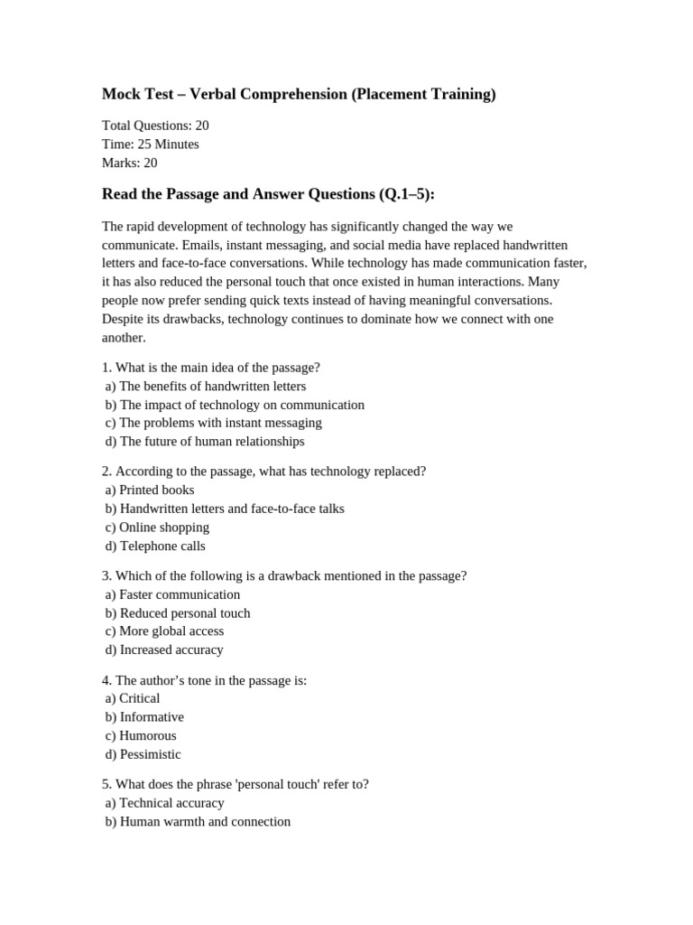 Verbal Comprehension Mock Test Guide | PDF | Communication | Human ...