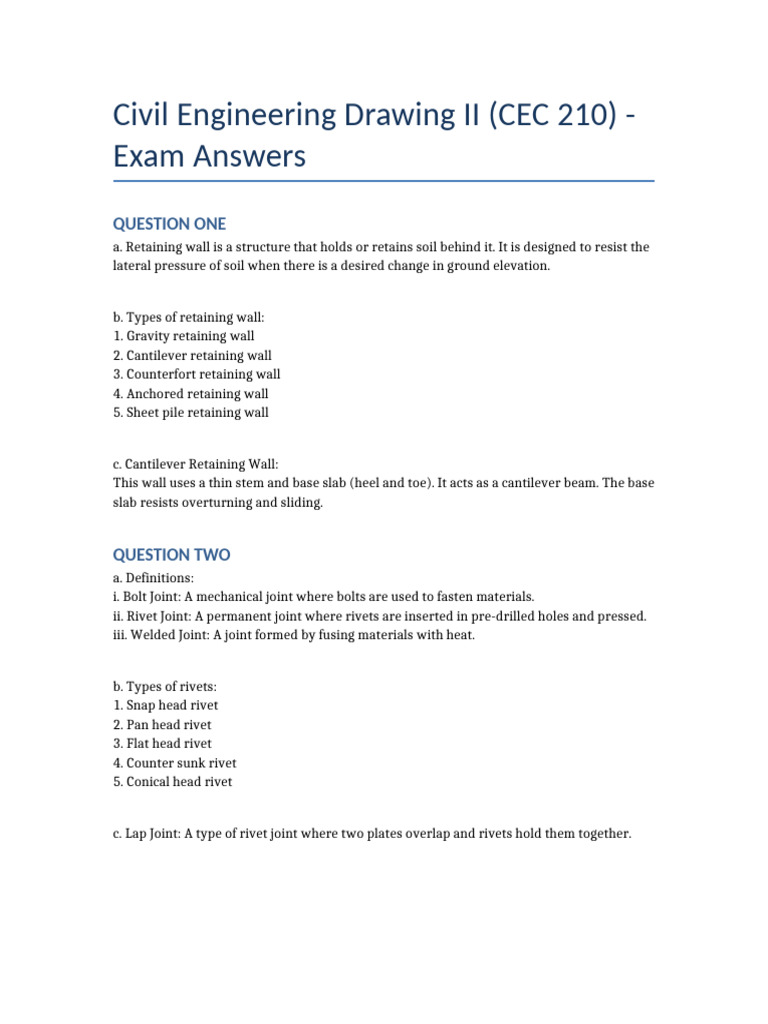 Civil Engineering Drawing II Exam Answers | PDF