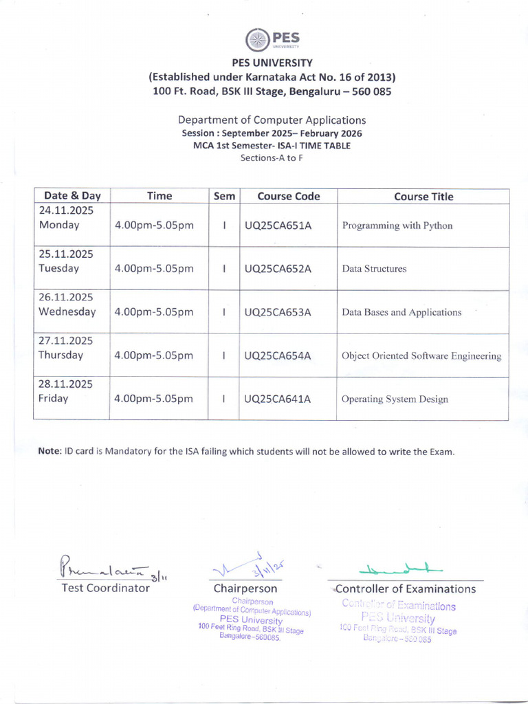 1st Sem MCA ISA-1 Time Table | PDF