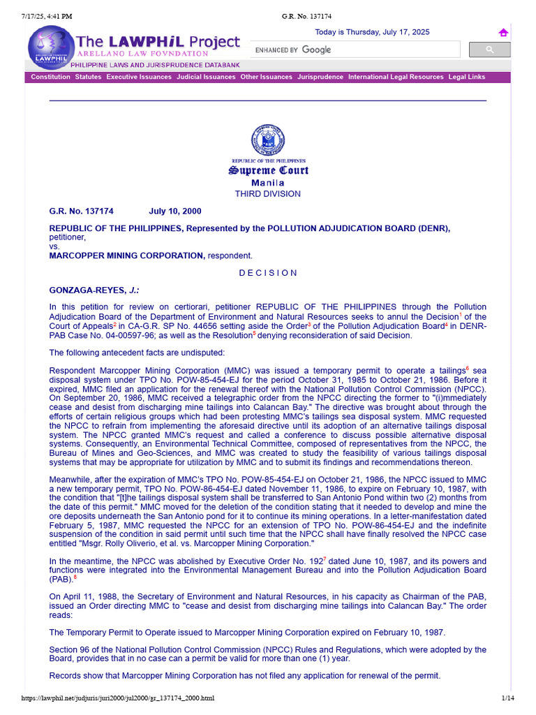 Marcopper Mining Corp. Pollution Case Decision | PDF | Mining | Appeal