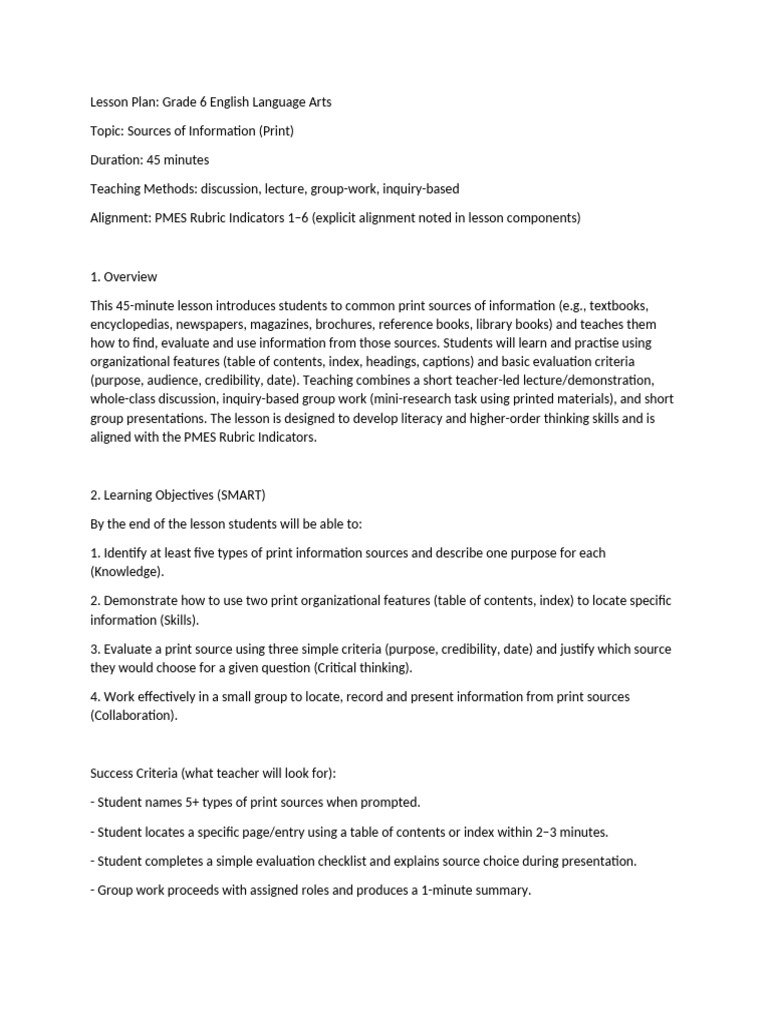 Grade 6 Print Information Sources Lesson | PDF | Teachers | Learning