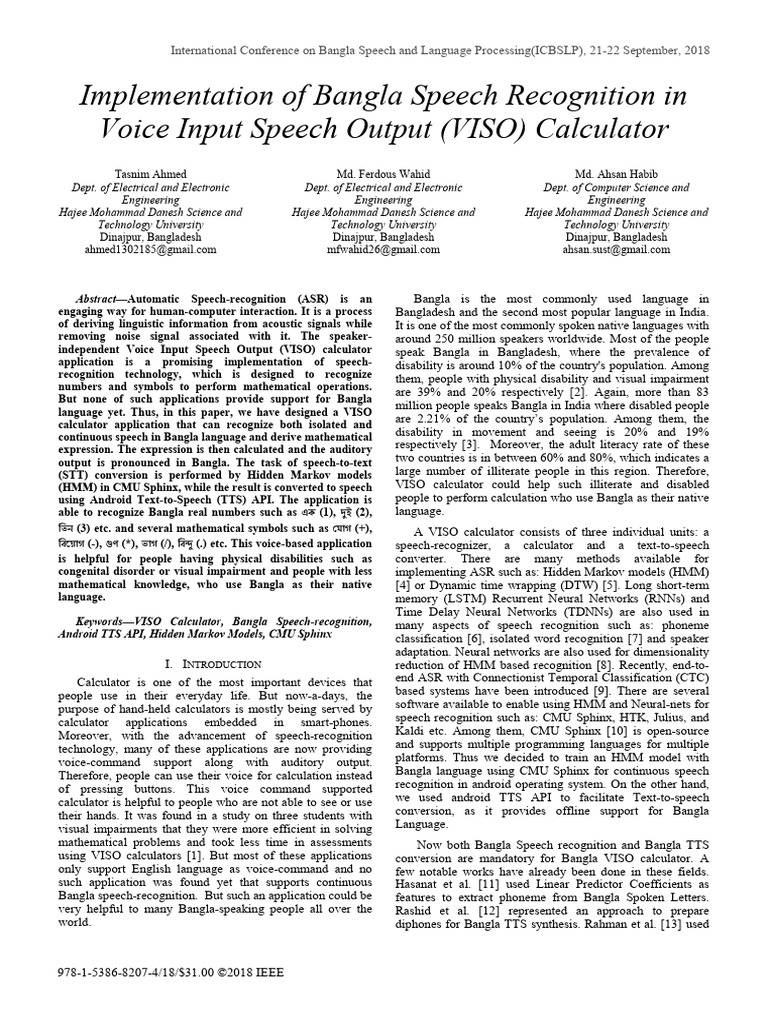 Implementation of Bangla Speech Recognition in Voice Input Speech Output (VISO) Calculator | PDF ...
