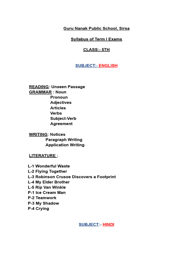 Term 1 Syllabus of 5th Class | PDF