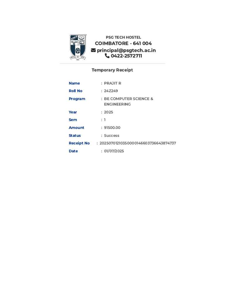 PSG Tech Hostel Payment Receipt 2025 | PDF