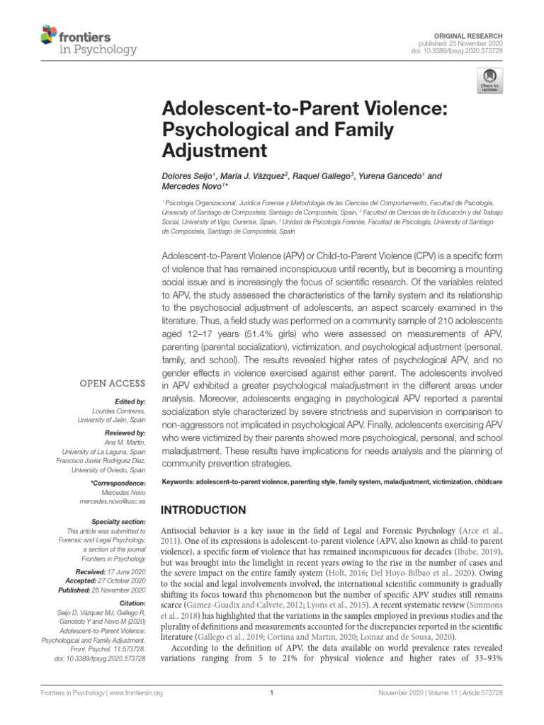 Adolescent-To-Parent Violence - Psychological and Family Adjustment ...