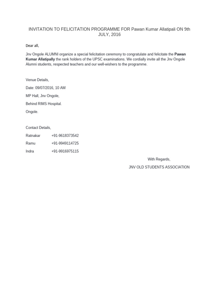 Invitation To Felicitation Programme For Pawan Kumar Allatipali On 9th ...