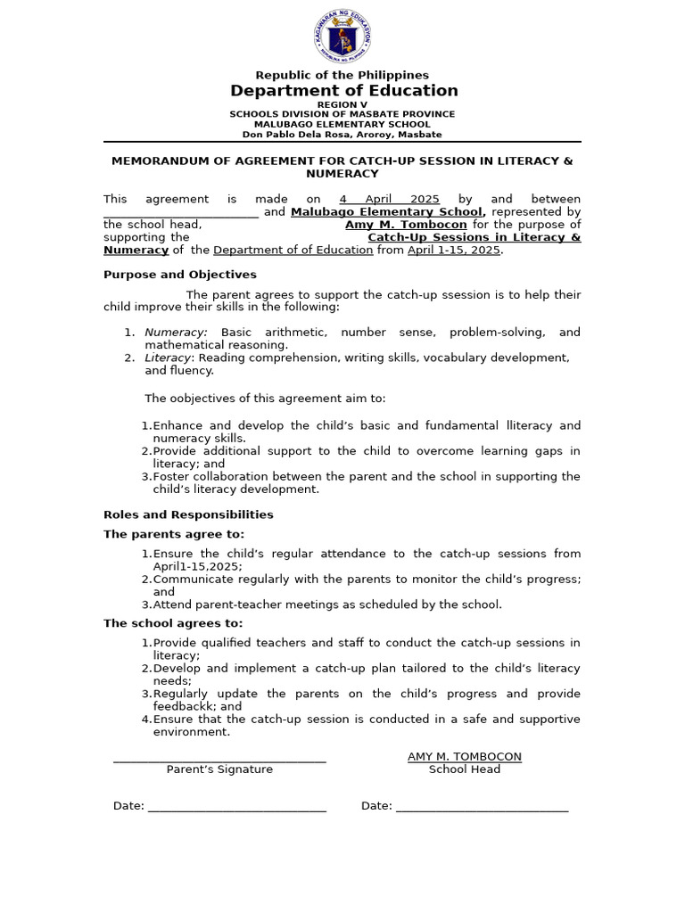 Memo.of Agreement | PDF | Literacy | Learning Methods
