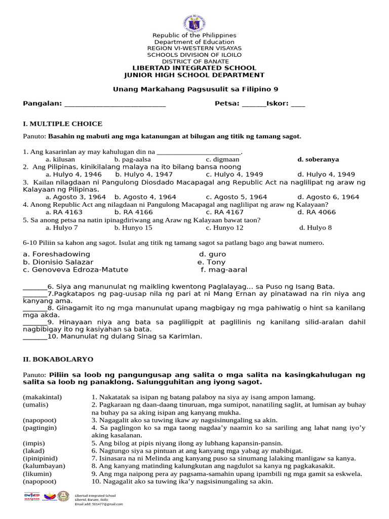 1st Quarter Exam in Filipino 9 (Sy 2025) | PDF