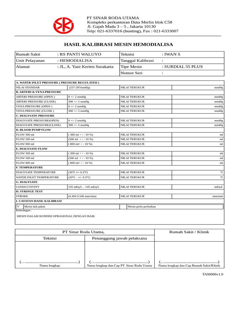 Kalibrasi Mesin Hemodialisa RS Panti Waluyo | PDF