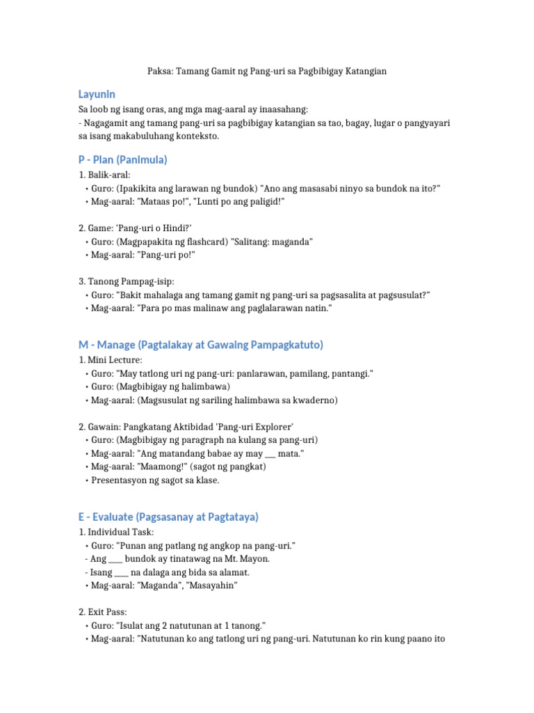 Filipino 9 PMES Lesson Plan With Student Responses | PDF